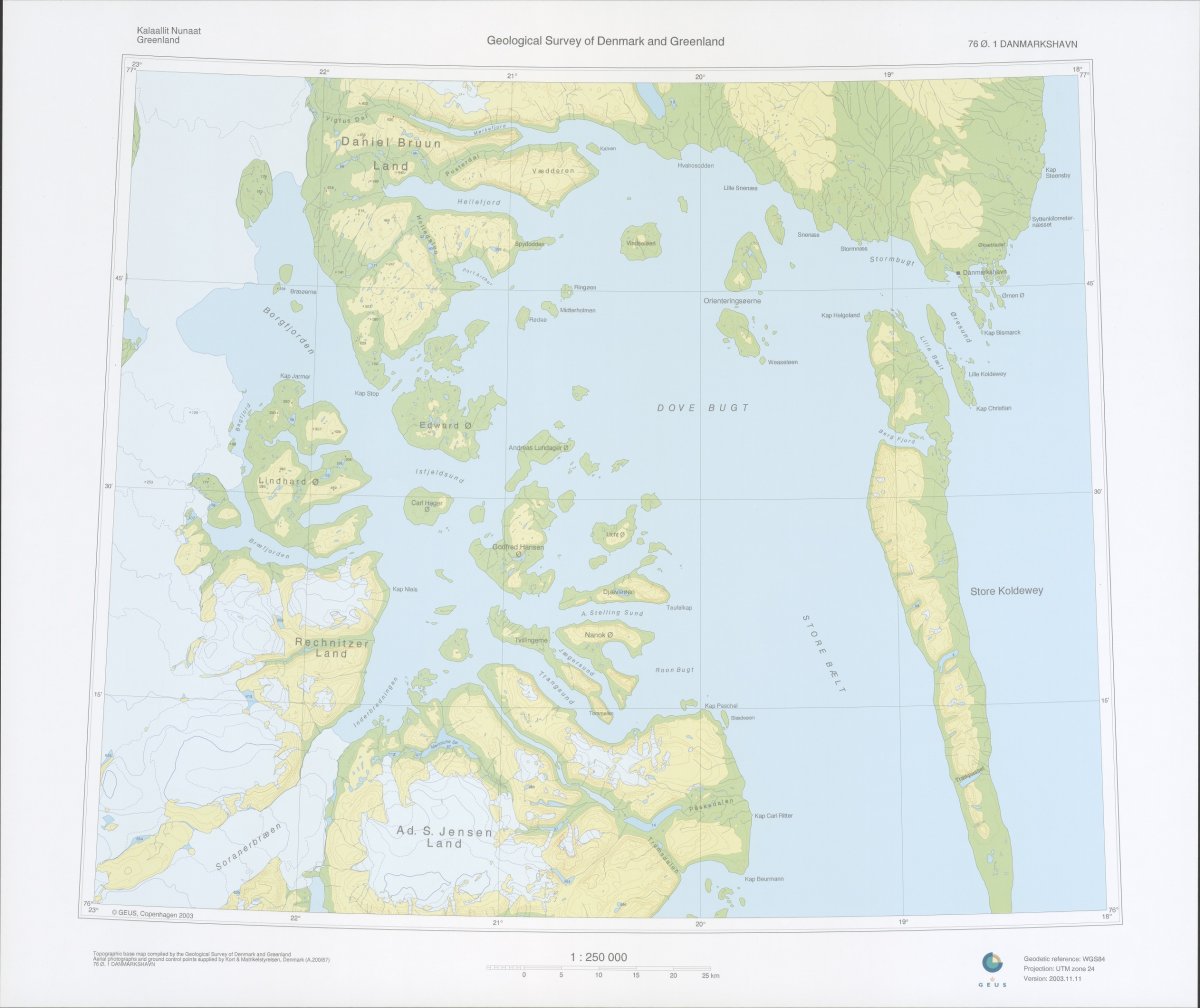 76 Ø.1 Danmarkshavn. Topografisk kort, 1:250 000 - Skala 1:250 000 - De ...