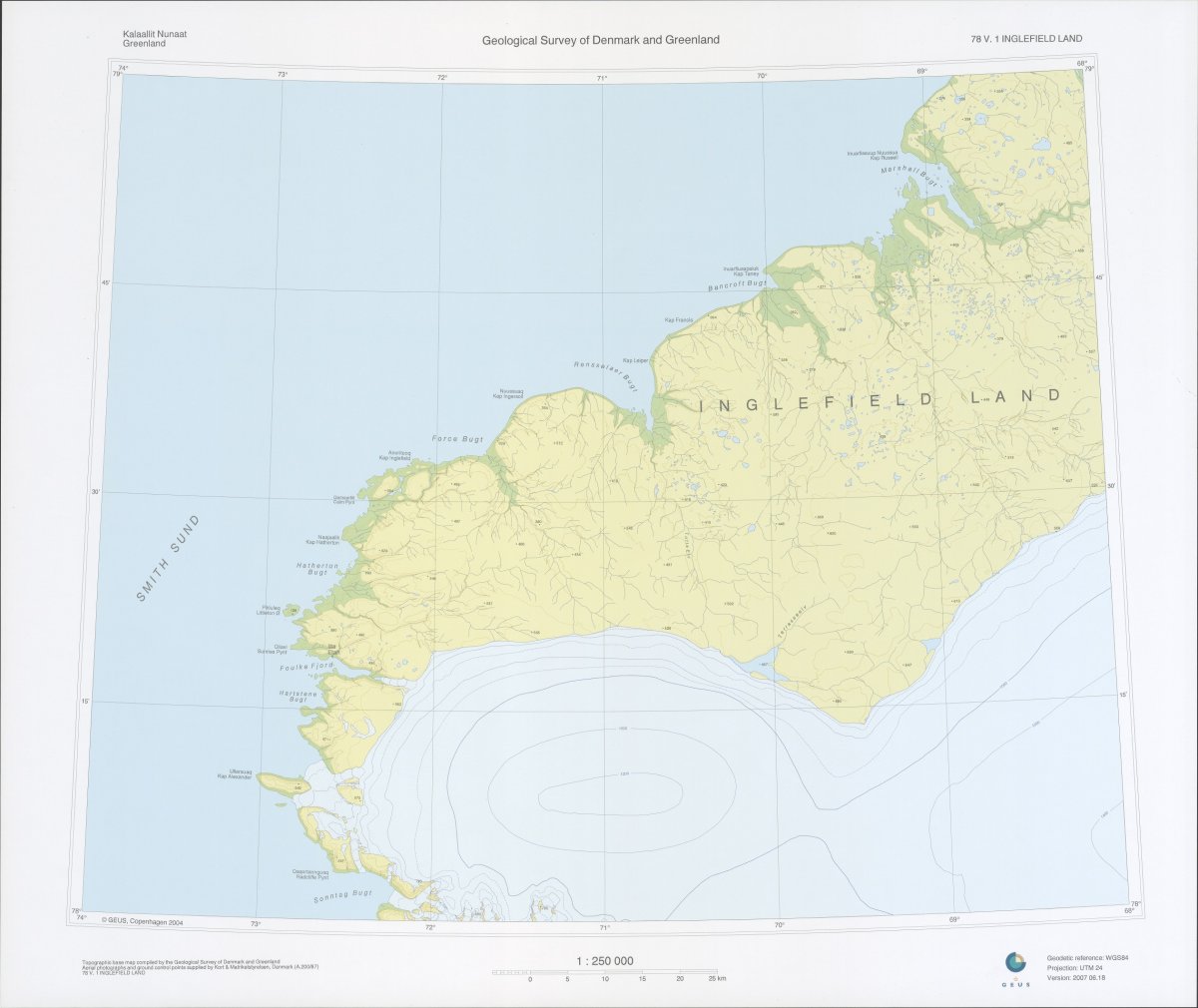 78 V.1 Inglefield Land. Topografisk kort, 1:250 000 - Skala 1:250 000 ...
