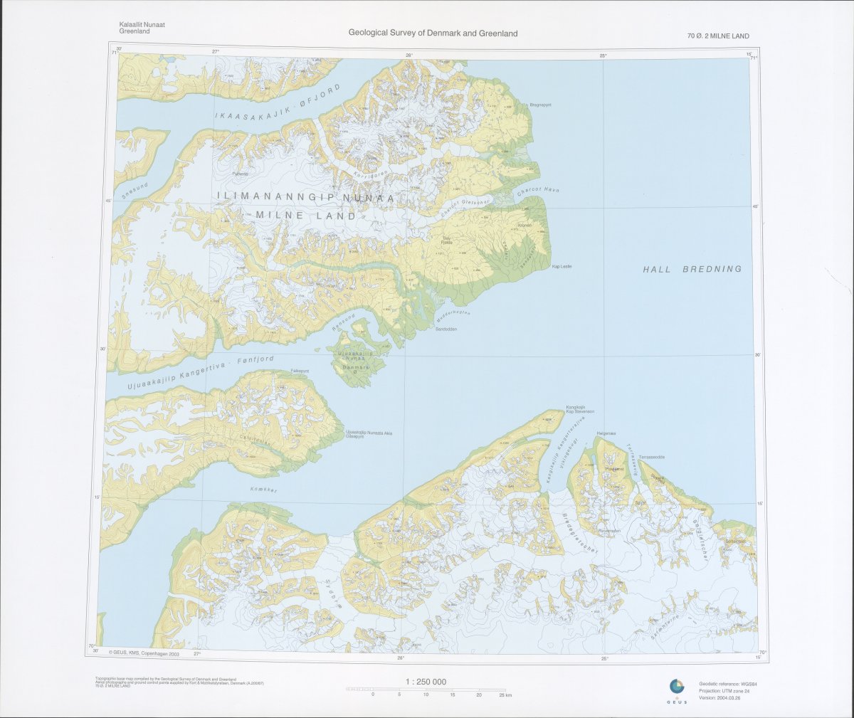 70 Ø.2 Milne Land. Topografisk kort, 1:250 000 - Skala 1:250 000 - De ...