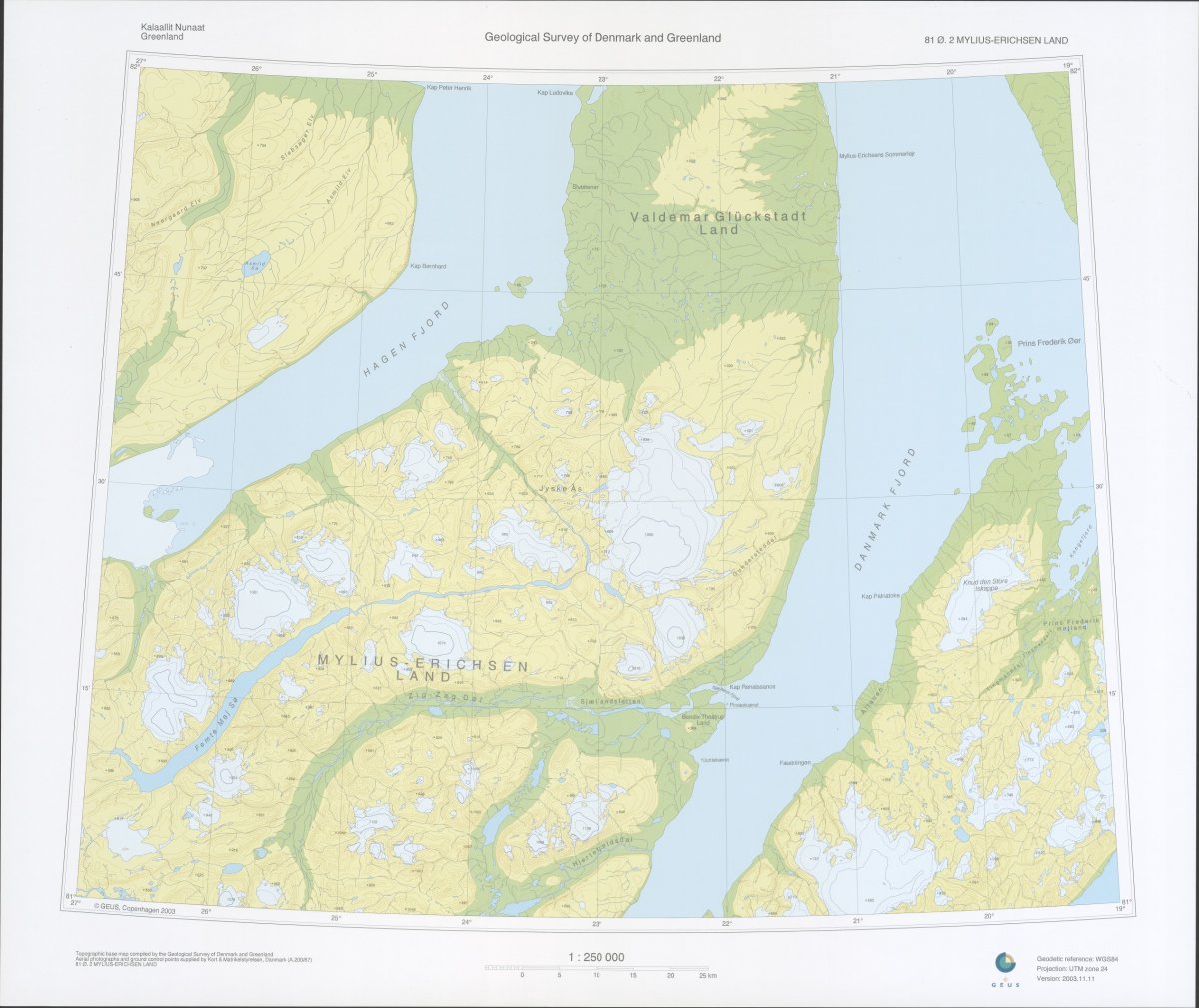81 Ø.2 Mylius-Erichsen Land. Topografisk kort, 1:250 000 - Skala 1:250 ...