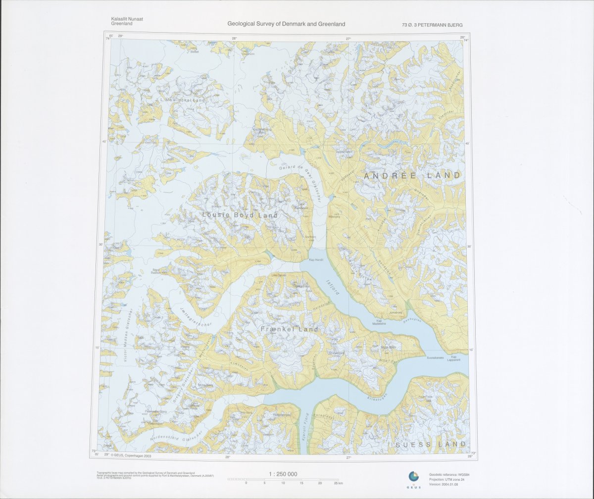 73 Ø.3 Petermann Bjerg. Topografisk kort, 1:250 000 - Skala 1:250 000 ...